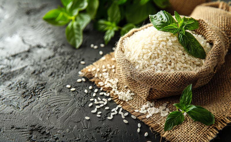 A Bag of Rice is Sitting on a Table with Some Green Leaves on Top of it ...