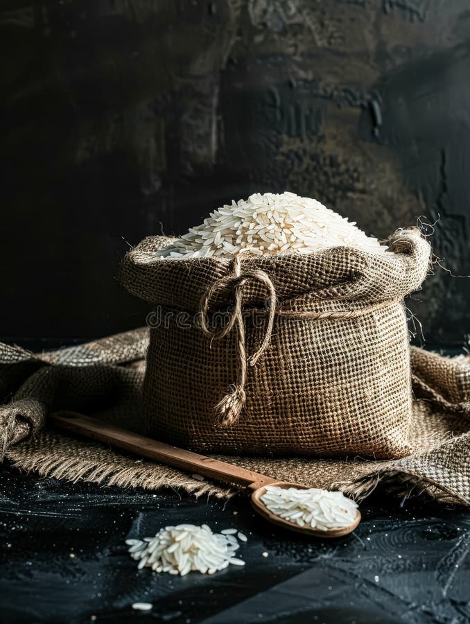 Bag of Rice is Sitting on a Table with a Spoon Next To it Stock Photo ...