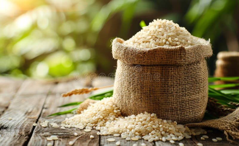 A Bag of Rice is Sitting on a Wooden Table Stock Image - Image of rice ...