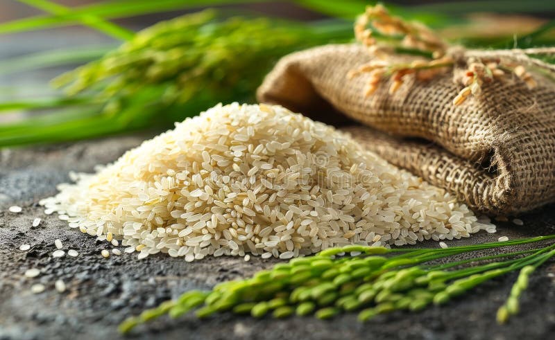 A Bag of Rice is on a Table Next To a Bunch of Green Rice Stock Image ...