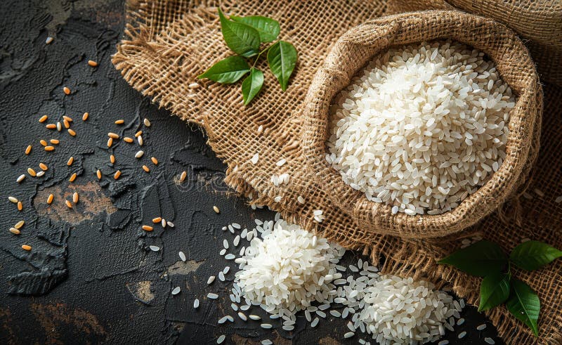 A Bag of Rice is on a Table with Some Rice Scattered Around it Stock ...