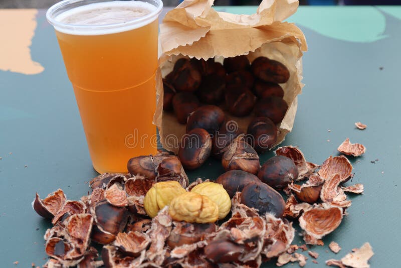 Bag of Roasted Chestnuts with Beer- Stock Image - Image of heaping ...