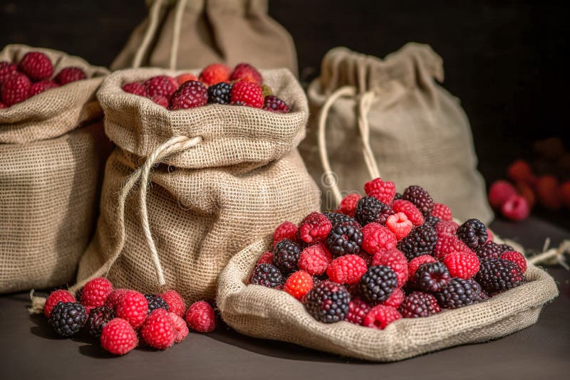 Bag of Wild Raspberries and Blackberries. Generative AI Stock ...