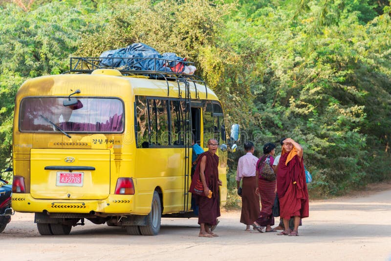 BAGAN, MYANMAR - DECEMBER 1, 2016: Yellow Bus with Monks on the ...