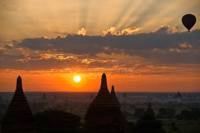 Bagan at Sunrise with Hot Air Balloon, Myanmar. Stock Photo - Image of ...