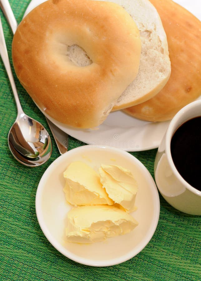 Bagel with Butter Cream and Coffee Stock Photo - Image of bread, plain ...