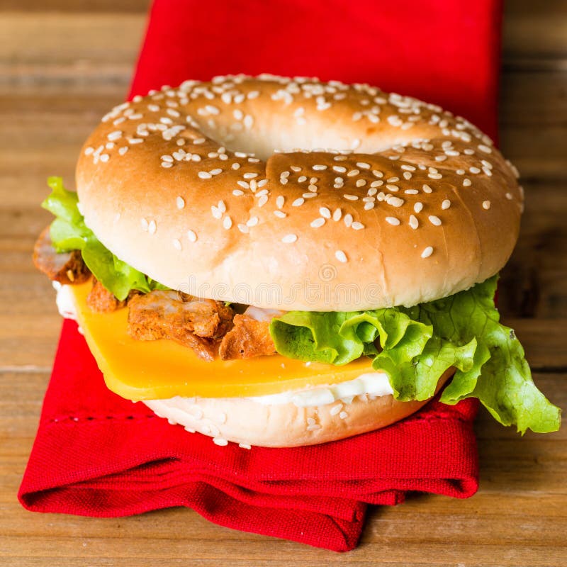 Bagel with Fresh Cheese and Fresh Lettuce Stock Photo - Image of food ...