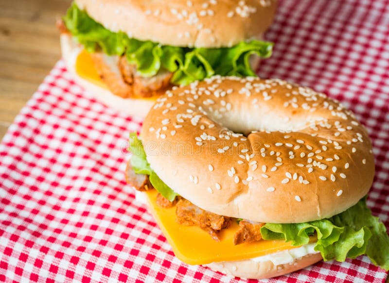 Bagel with Fresh Cheese and Fresh Lettuce Stock Photo - Image of ...