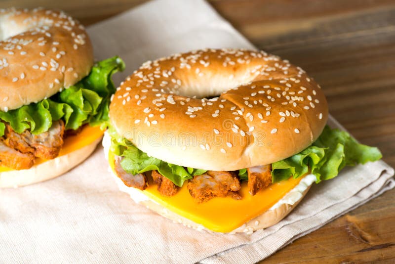 Bagel with Fresh Cheese and Fresh Lettuce Stock Photo - Image of bread ...