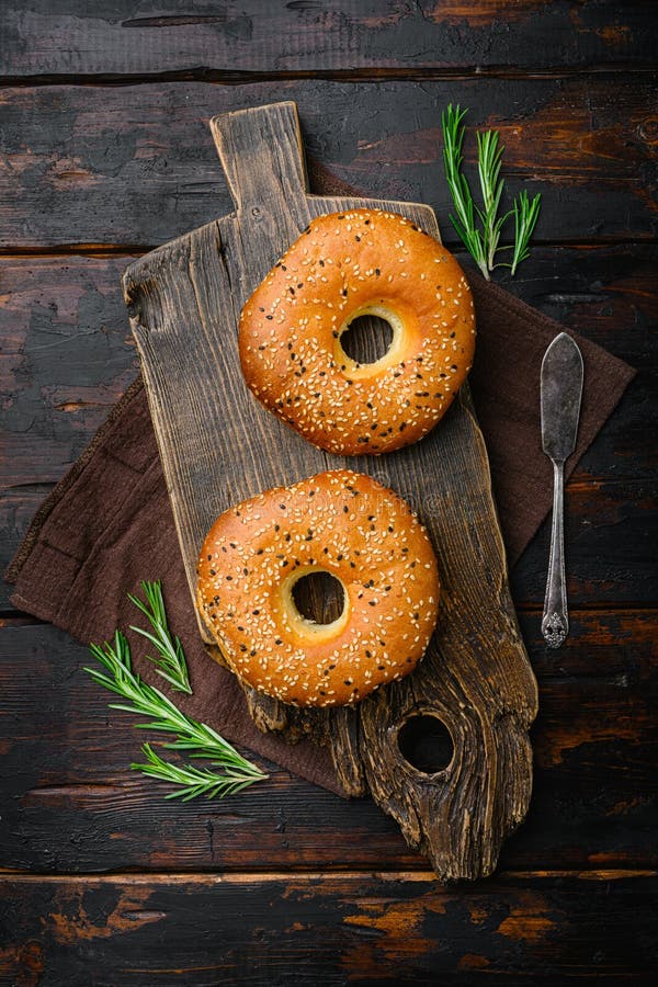 Bagel Freshly Baked Set, on Old Dark Wooden Table Background, Top View ...