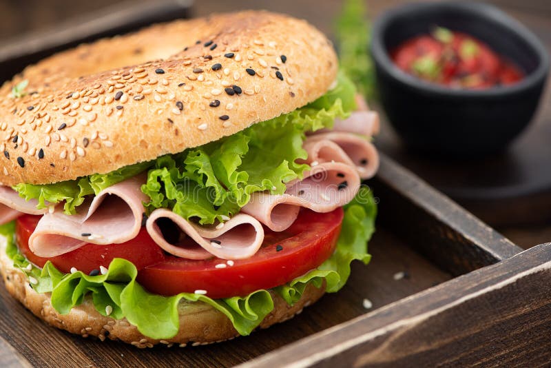 Bagel with Ham, Lettuce, Tomato and Tomato Sauce Stock Image - Image of ...