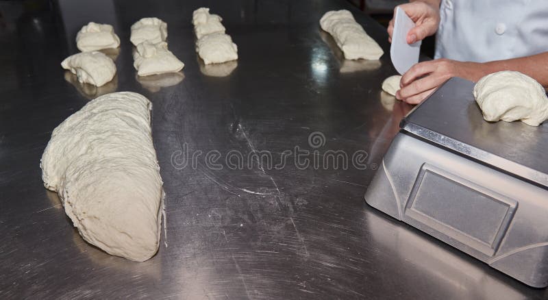 Baker Cutting and Weighing Dough To Make Bagel Stock Image - Image of ...