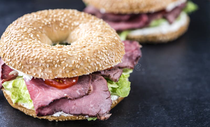Bagel with Roast Beef stock photo. Image of bloody, fresh - 71401620