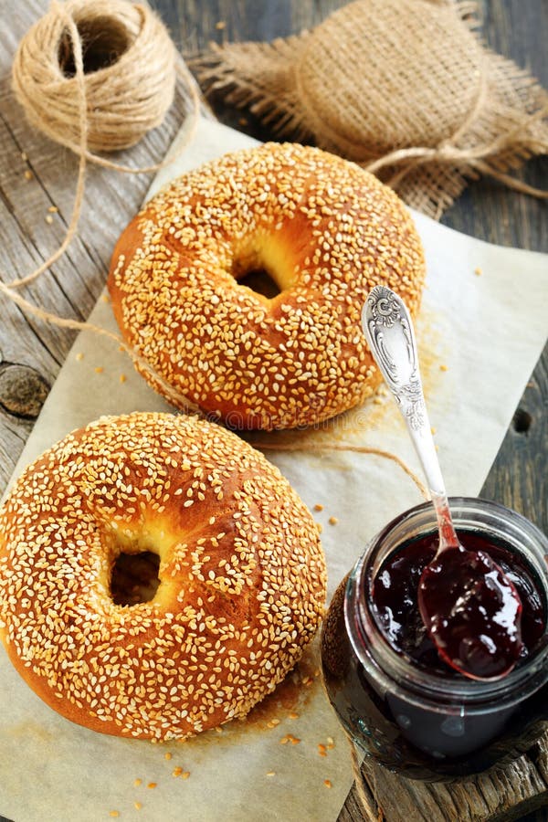 Bagels and jam in a jar. stock photo. Image of organic - 40706214