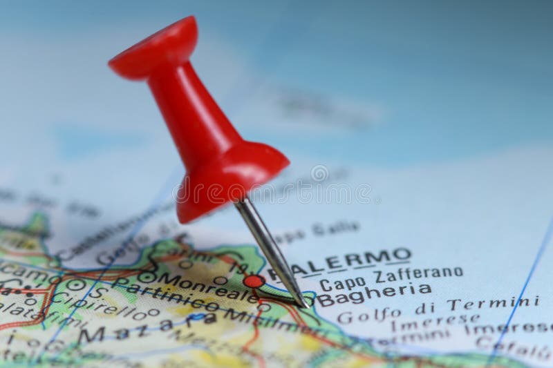 Bagheria, Sicily, Italy Pin on Map Stock Photo - Image of location ...