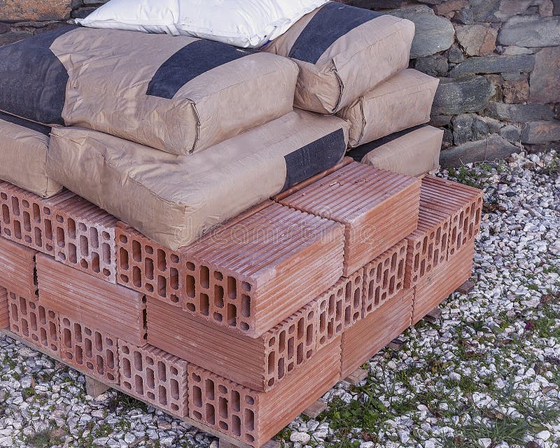 Bags of Cement and Red Bricks. Isolated Stock Photo - Image of brick ...