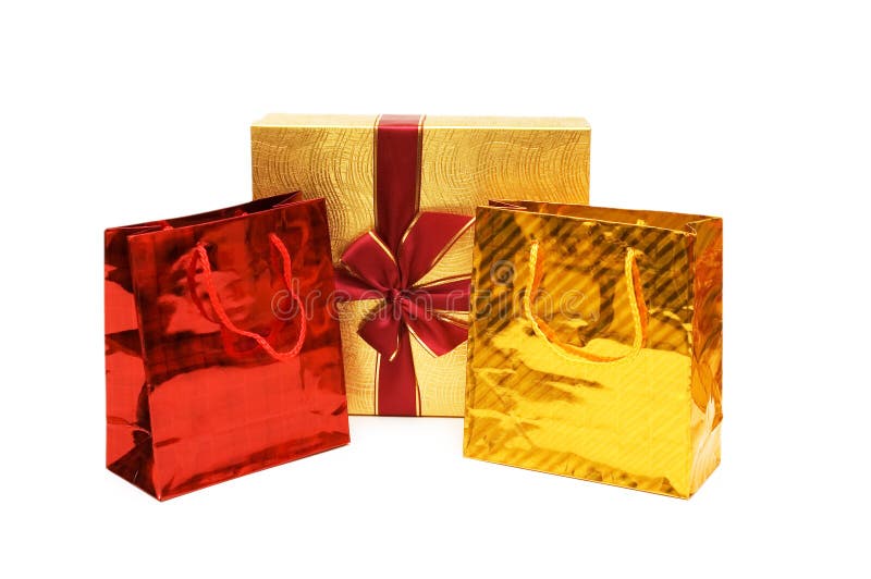 Bags and Gift Box Isolated White Stock Image - Image of retail ...