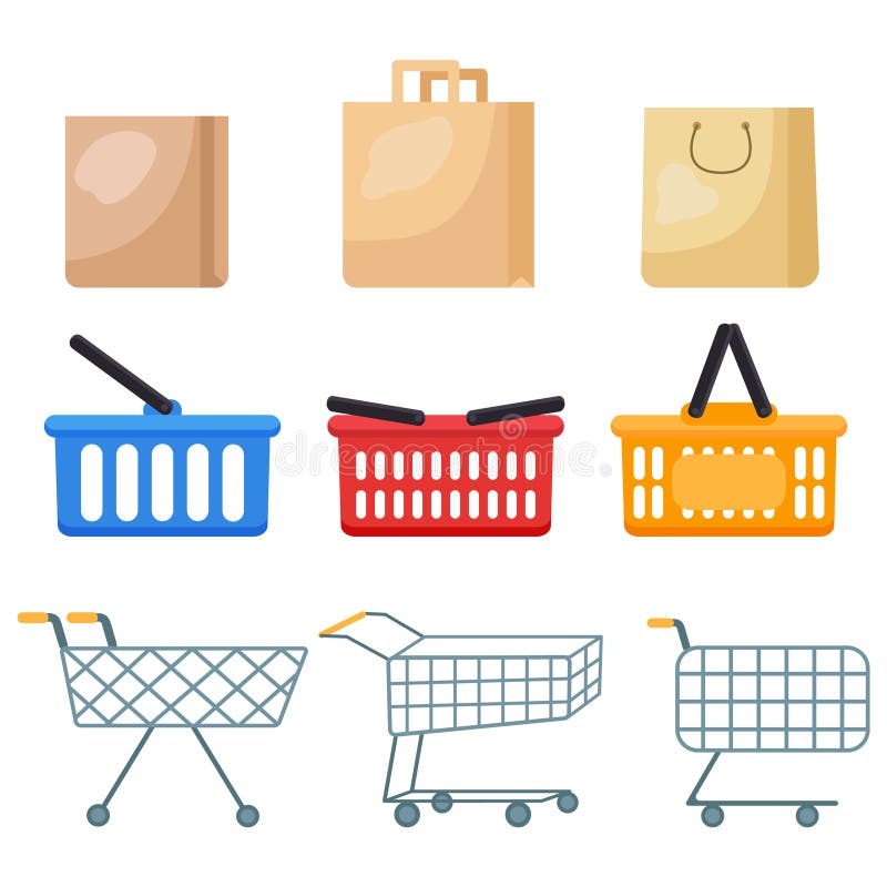 Bags, Shopping Cart and Baskets Flat Vector Illustrations. Stock Vector ...