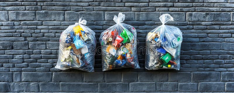 Bags of Sorted Garbage Hanging on Brick Wall, Urban Waste Management ...