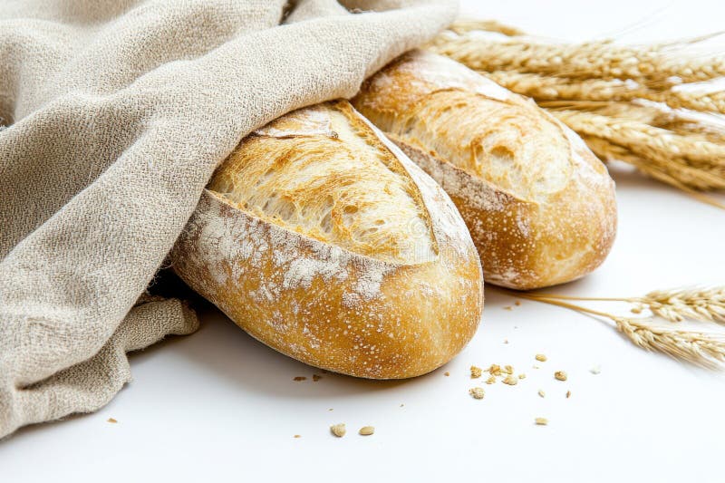 Baguette Resting on a Linen Cloth with Wheat Stalks on a Clean White ...