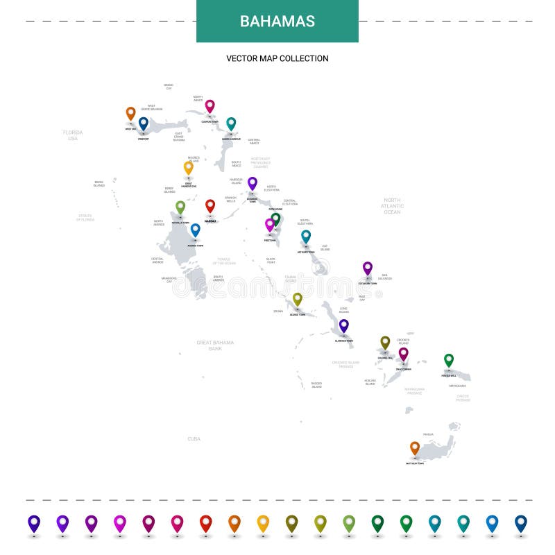 Bahamas map with cities stock vector. Illustration of marks - 192010495