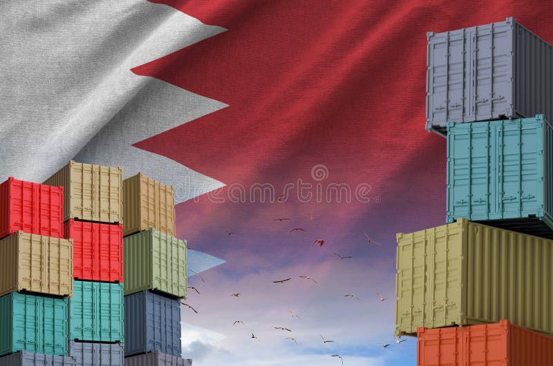 Bahrain Flag and Big Stack of Shipping Cargo Containers in Docks with ...
