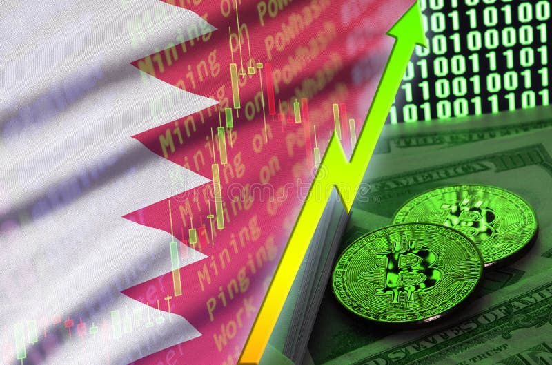 Bahrain Flag and Cryptocurrency Growing Trend with Two Bitcoins on ...