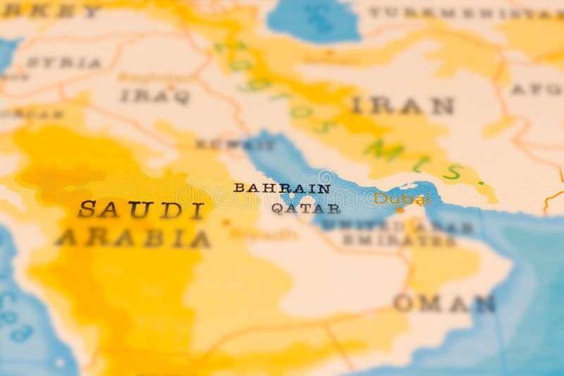 Bahrain in Focus on a Tilted World Map. Stock Illustration ...