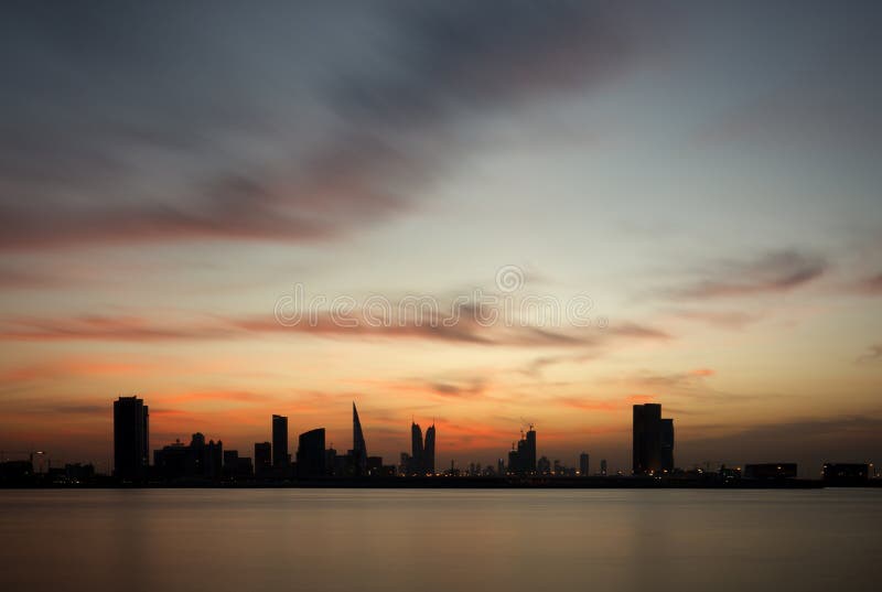 Bahrain skyline at dusk stock image. Image of offices - 218611665