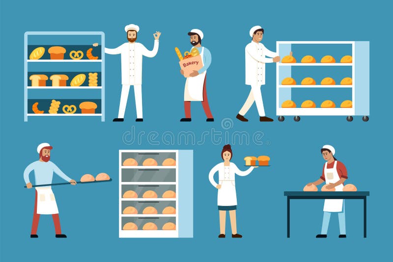 Bake Bread. Chef Preparing Bakery Food. Vector Cartoon Characters in ...