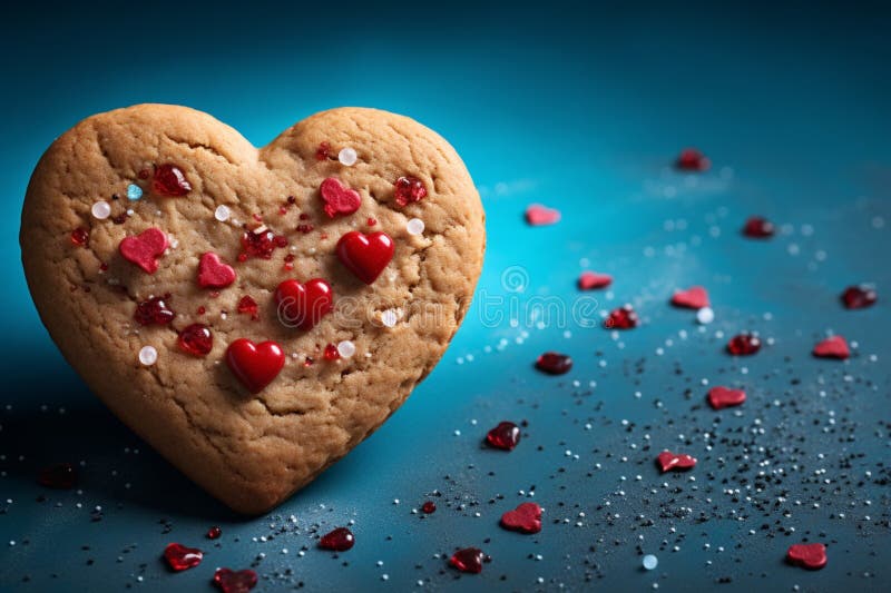 Baked Affection Heart Shaped Cookie with Red Heart on Blue Backdrop ...