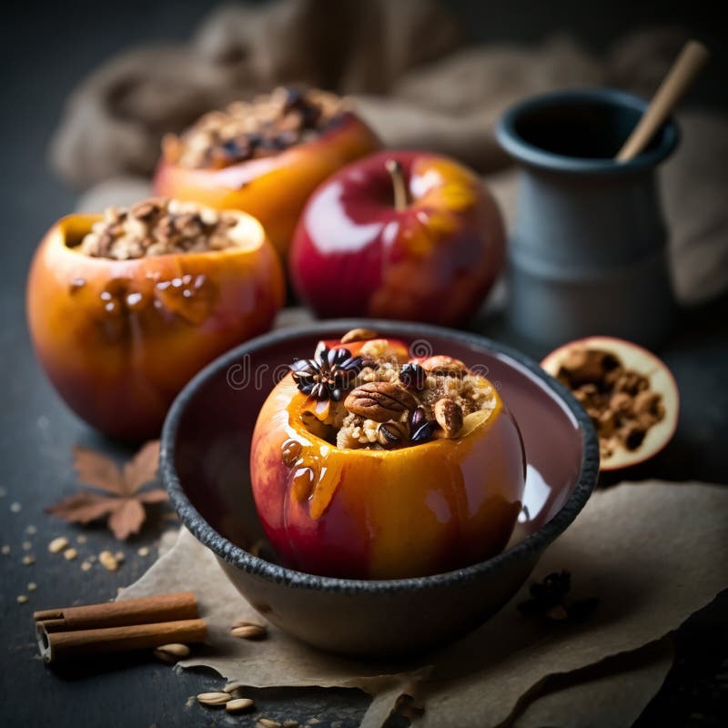 Baked Apples with Honey and Cinnamon and Nuts. Snack Concept Stock ...