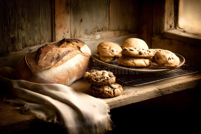 Baked Artisan Bread and Cookies with Dusting of Flour Stock ...