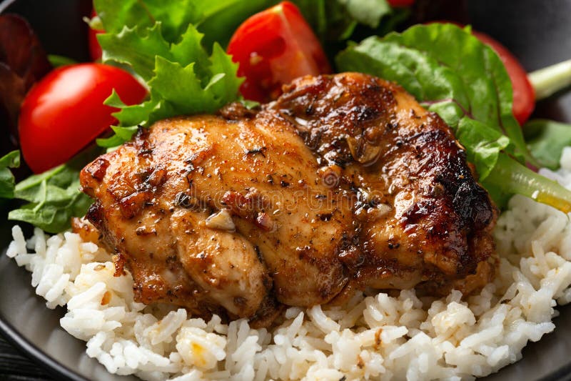Baked Balsamic Chicken Thighs with Rice and Vegetables Stock Image ...