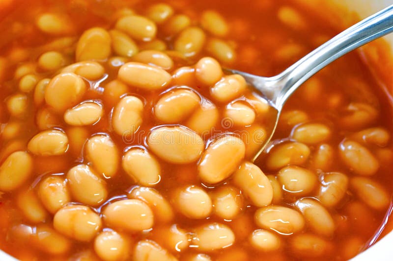 Baked Beans in Tomato Sauce on Spoon. Stock Photo - Image of boiled ...