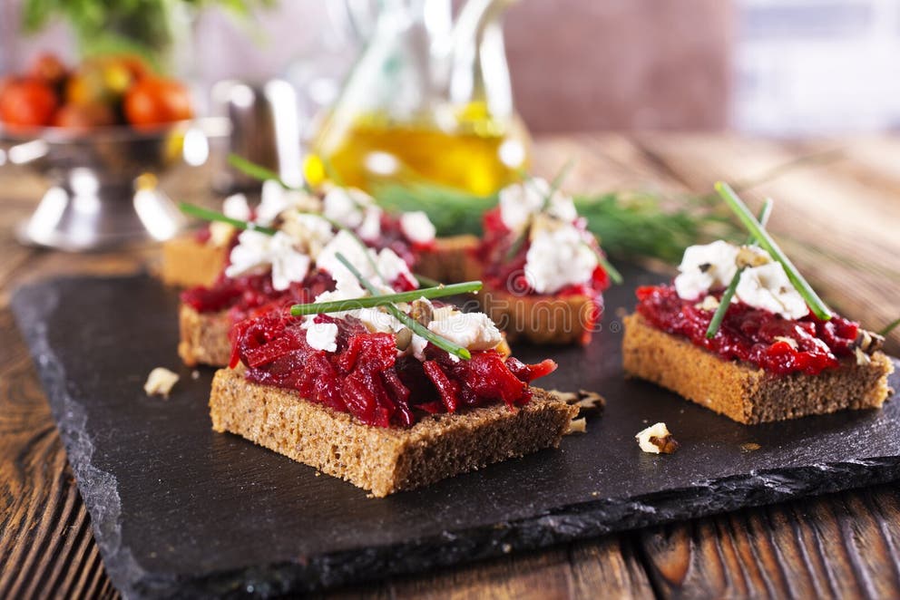 Baked Beet on Bread, with Cheese and Walnuts Stock Image - Image of ...