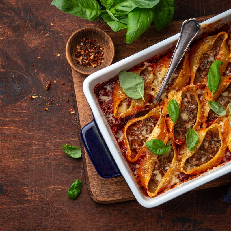 Baked Bolognese Stuffed Shell Pasta in Baking Dish Stock Image - Image ...