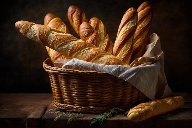 Baked Bread Baguettes in a Basket,homebaked Bread Generative AI Stock ...