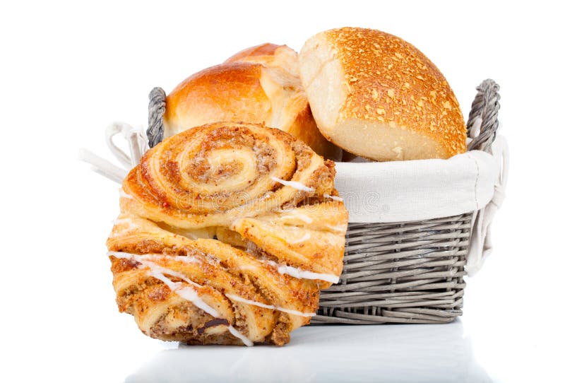 Baked bread bun in basket stock photo. Image of flour - 33011628