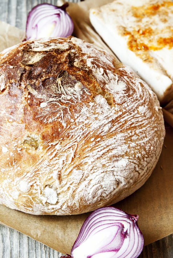 Baked Bread with Onion and Bacon Stock Image - Image of crusty, grain ...