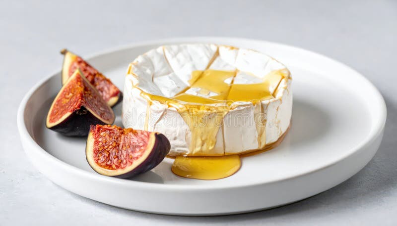 Baked Brie with Honey Drizzle and Figs on a Light Gray Background Stock ...