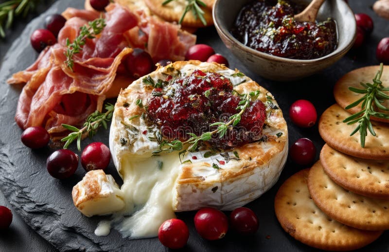 Baked Brie with Prosciutto Jam Cranberries on Crackers Stock Image ...
