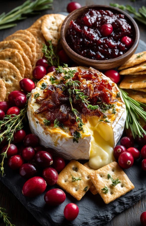 Baked Brie with Prosciutto Jam Cranberries on Crackers Stock Photo ...