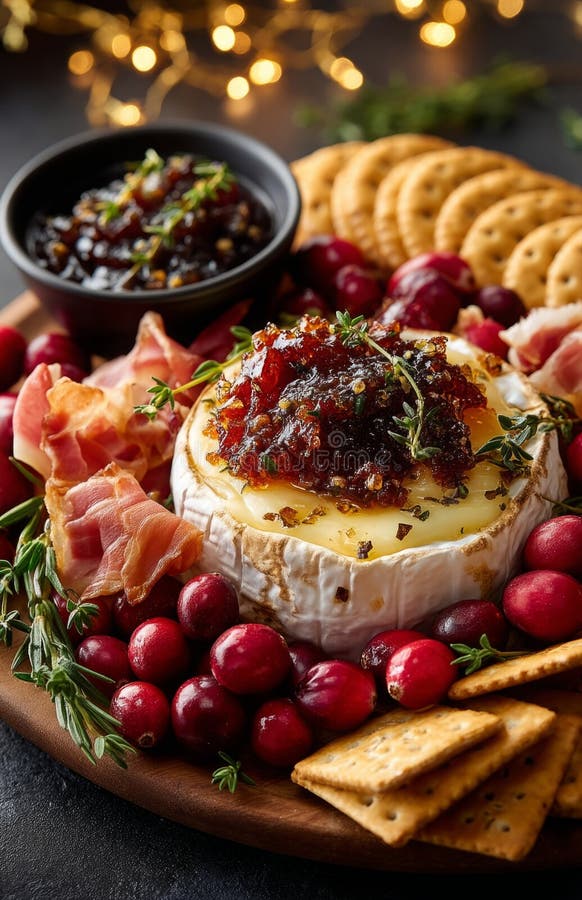Baked Brie with Prosciutto Jam Cranberries on Crackers Stock Image ...