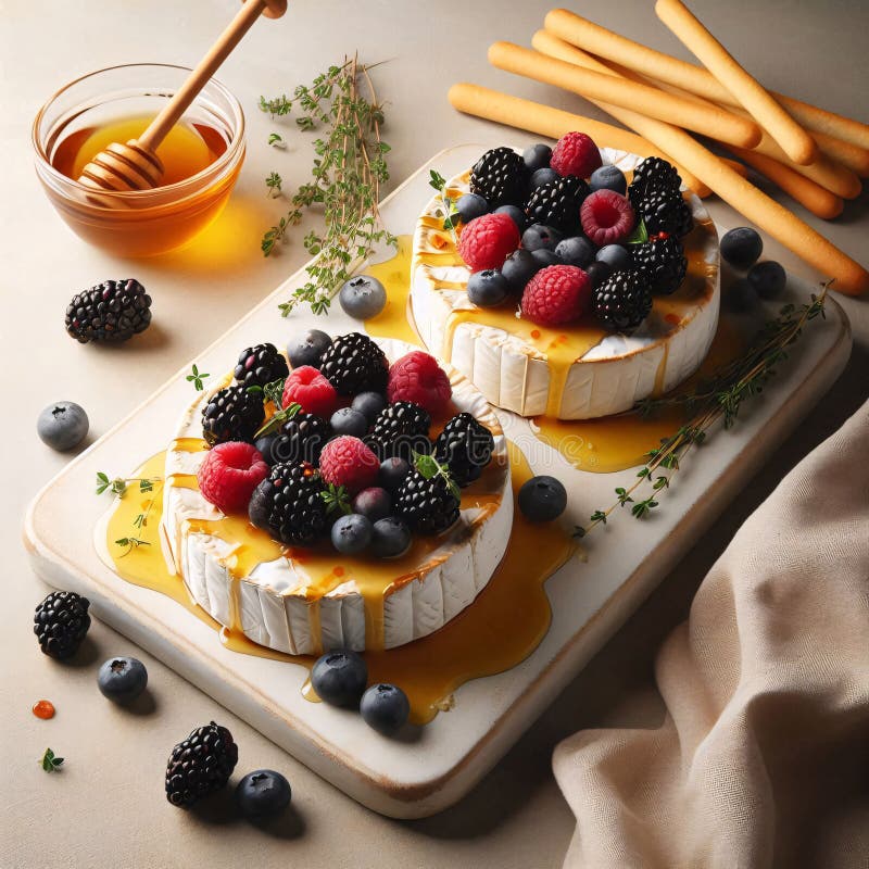 Baked Brie Topped with Berries, Honey, Thyme and Breadsticks Stock ...
