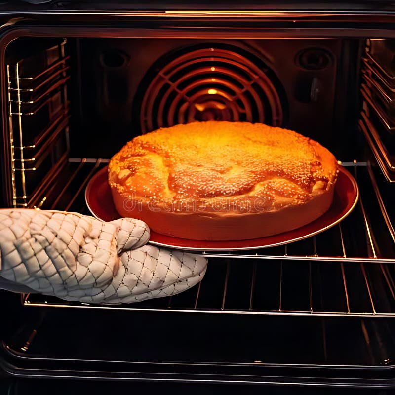 Baked Cake Being Pulled Out of an Oven with an Oven Mitt Stock ...