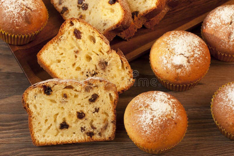 Baked Cake and Mini Muffins with Raisins Stock Photo - Image of sugar ...