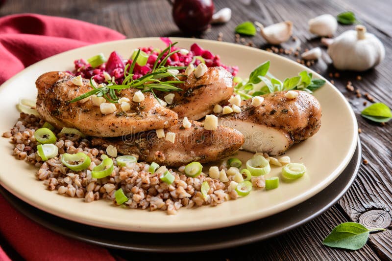 Baked Chicken Breast with Buckwheat, Beetroot and Onion Stock Photo ...