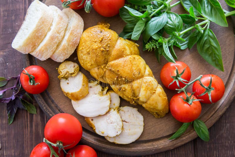 Baked Chicken Breast (Pastrami) with Spices, Tomato and Basil. S Stock ...