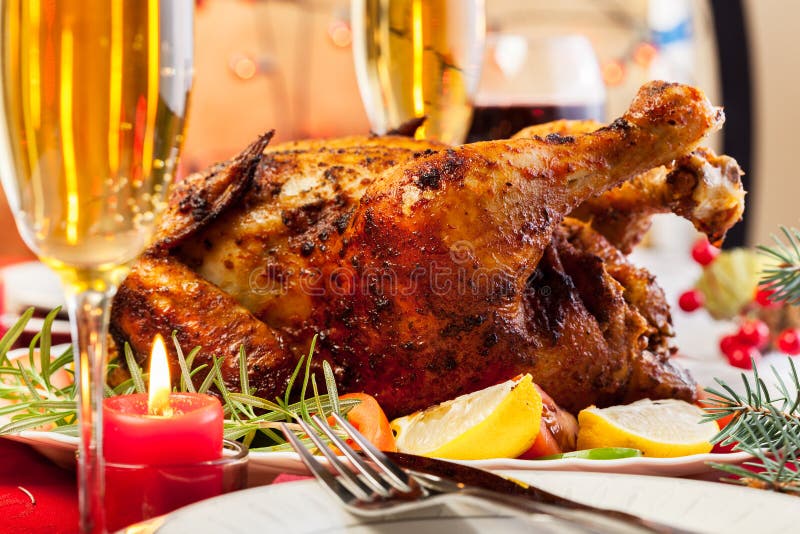 Baked Chicken for Christmas Dinner Stock Image - Image of candle ...